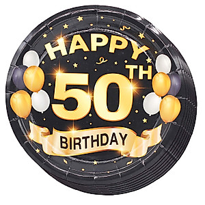 50th Birthday Plates Black and Gold Dessert, Buffet, Cake, Lunch, Dinner Plates for 50th Birthday Decorations Party Supplies, Happy 50th Birthday! 50 Count, 9" Plate Design for 50th Birthday Party