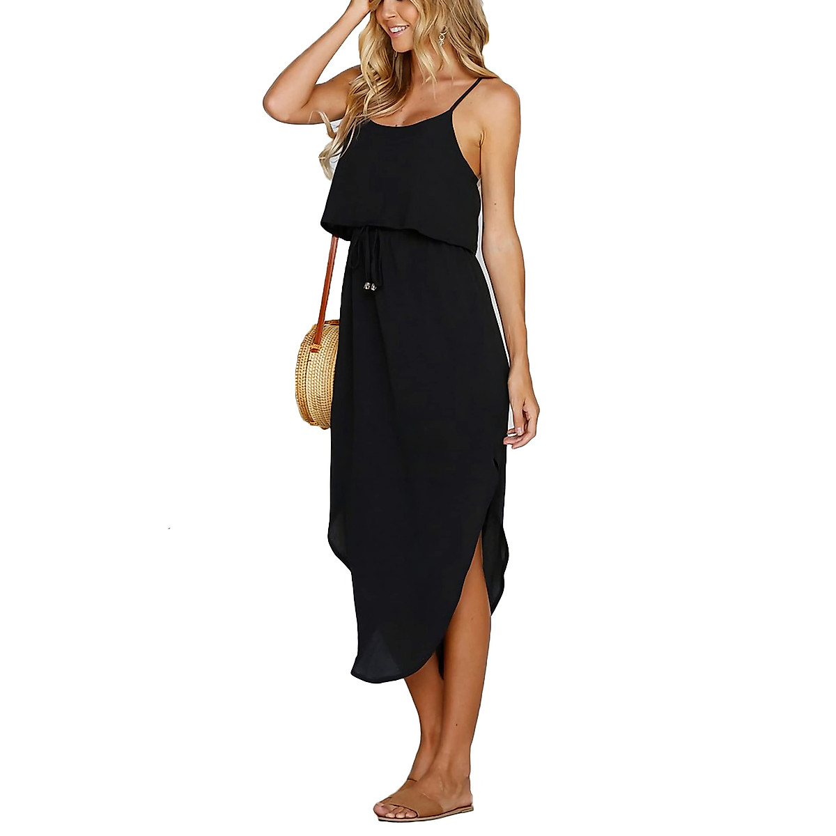 NERLEROLIAN Women's Adjustable Strappy Split Summer Beach Casual Midi Dress Black