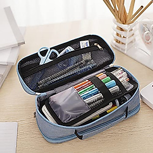 SY Big Capacity Pencil Case Pen Bag Storage Large Handheld Pen Pouch Bag Multiple Compartment Double Zipper Cosmetic Case High School Organizer College Student Girl Teen Adult-BLUE