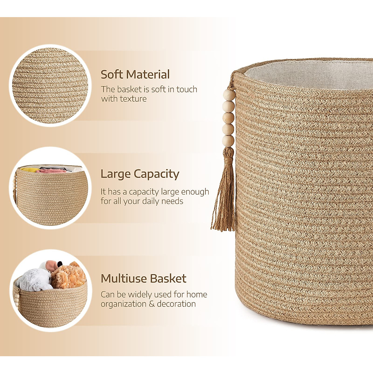 Mkono Storage Baskets Set of 3 Small Woven Cubes Bins Basket Organizer Decorative Wooden Beads Tassel 11" Jute Rope Shelf Baskets Home Decor for Living Room Closet Organizing Nursery Bedroom