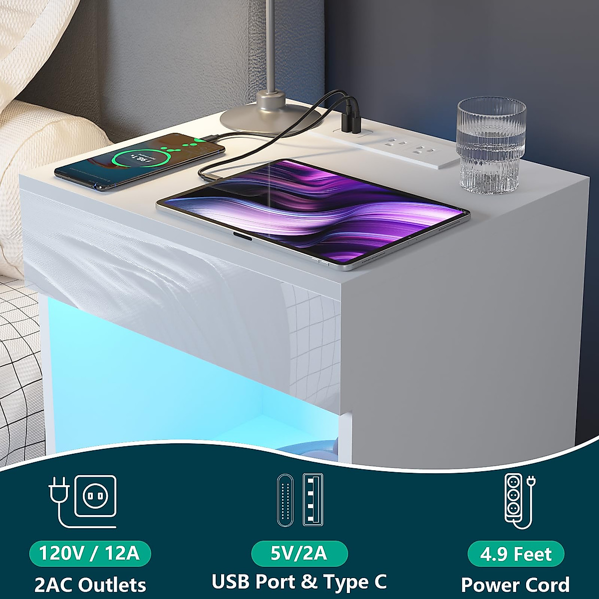 HOMMPA Set of 2 Open Shelf LED Nightstands with Charging Station 2 Drawers Bedside Tables White Night Stands with Storage Smart Nightstands High Gloss Night Table with Led Light for Bedroom Furniture