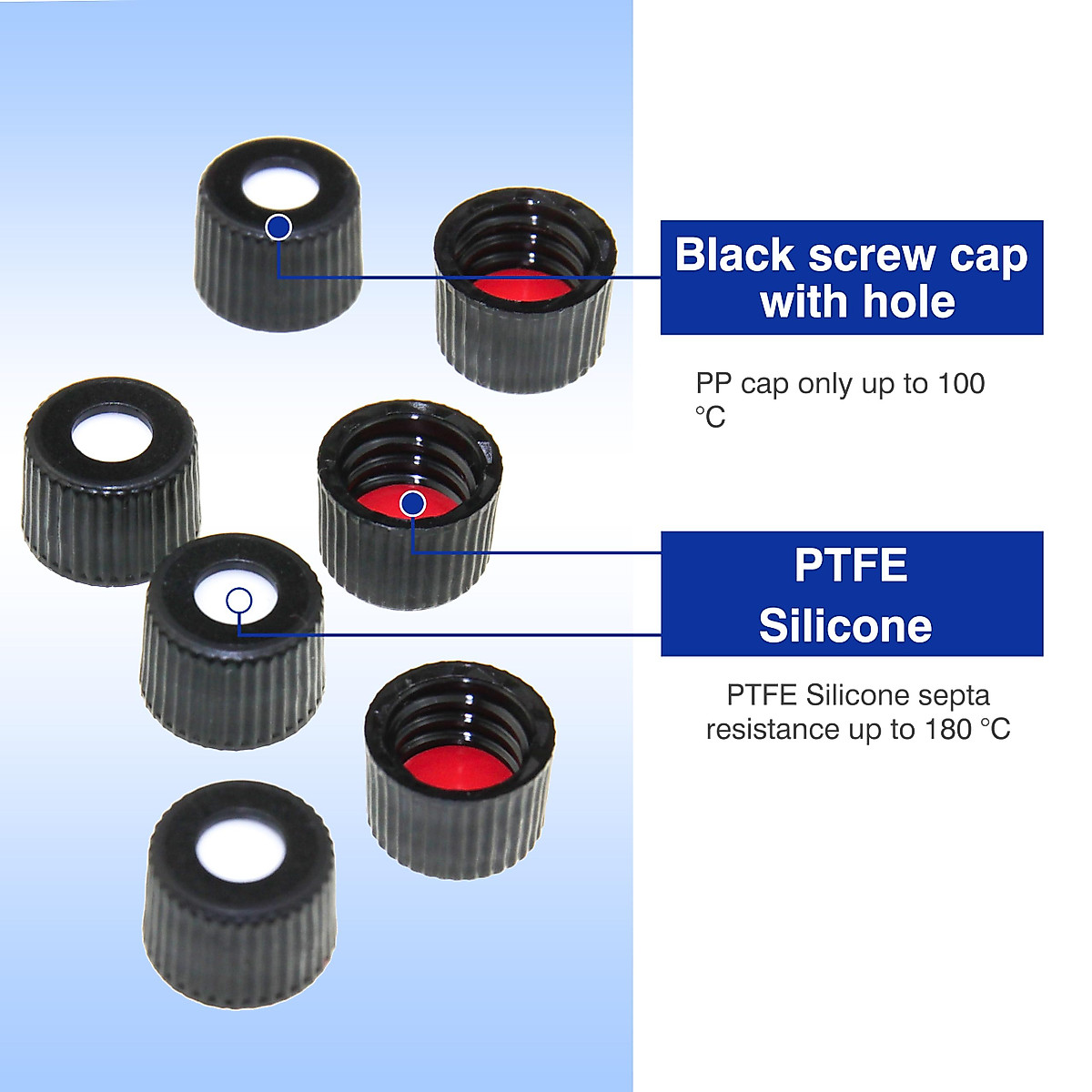 ALWSCI HPLC LC 8-425 Screw Thread Vial Caps, 8 mm, PTFE/Silicone Septa, Black, Polypropylene, 100 pcs/pk