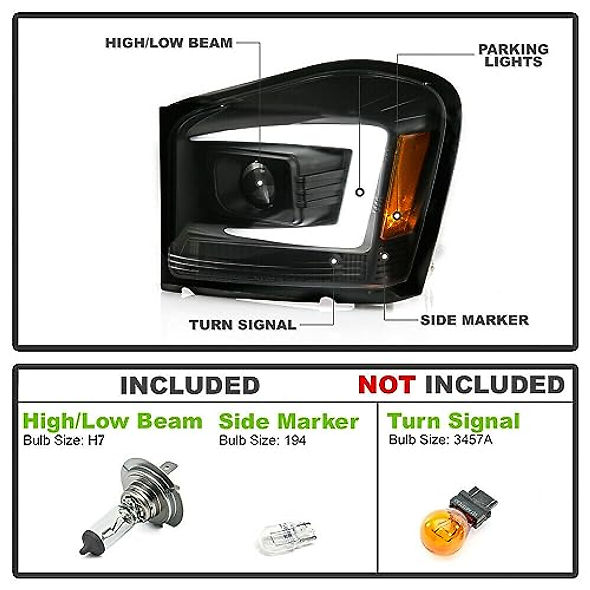 HH Building Headlight U-Bar Front Left Right Side Clear Lens Black Housing LED Tube -Shape Drl Projector Lamp B0504A_2004_2005_2006_04_05_06_C27 55077721AD 444-DDU04-LB-BK
