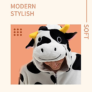 COSUSKET Fit Unisex Adult Cow Onesie Pajamas, Halloween Womens Cosplay Animal One Piece Costume (White/Black, Medium)