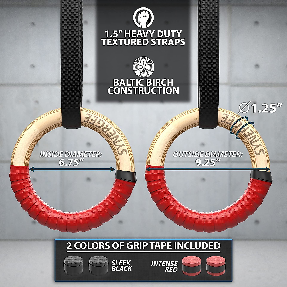 Synergee Wood Olympic Gymnastics Rings 1.25" Grip with Adjustable Straps for Pull Ups Dips and Muscle Ups. Red and Black Grip Tape Included.