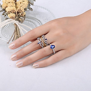 JewelryPalace Infinity Knot 1.8ct Blue Sapphire Solitaire Engagement Rings Women, Vintage 925 Sterling Silver 14K Yellow Gold Promise Ring Her, Wave Crown Wedding Band Enhancer Ring Bridal Set 7