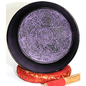 Five Buddhas (Panch Buddhas) Painted Aluminum Singing Bowl. 9.5" Diameter. Wood Mallet and Cushion Included