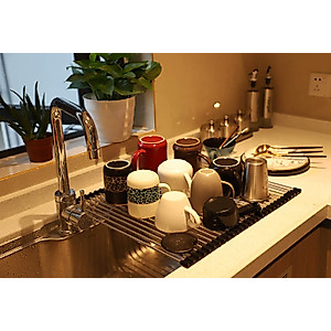 Ahyuan Roll Up Dish Drying Rack Multipurpose Kitchen Dish Rack Roll Over The Sink Dish Drying Rack Portable Rolling Dish Drainer for Kitchen Sink RV Accessories (Black, 17.7''X19.7'')