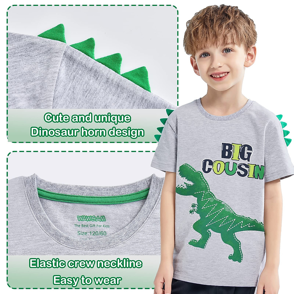 WAWSAM Dinosaur Big Cousin T-Shirt Birthday Boy Shirt for Toddler Boys of The Matching Family Short Sleeve Grey, 4-5T