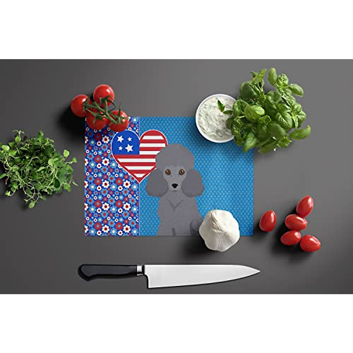 Caroline's Treasures WDK5270LCB Toy Grey Poodle USA American Glass Cutting Board Large, 12H x 16W, multicolor