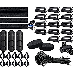 SOULWIT Cable Management Kit, 4 Wire Organizer Sleeve, 3 Cable Holder, 10+2 Cable Organization Straps, 15 Large Cord Clips, 100 Cable Ties for TV PC Computer Under Desk Office