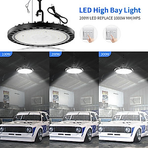 5 Pack LED High Bay Light 5000K 200W UFO High Bay Lights 21,000LM with US Plug Commercial Bay Lighting for Barn Garage Warehouse Car Wash Shop UFO Lights Hanging Chain