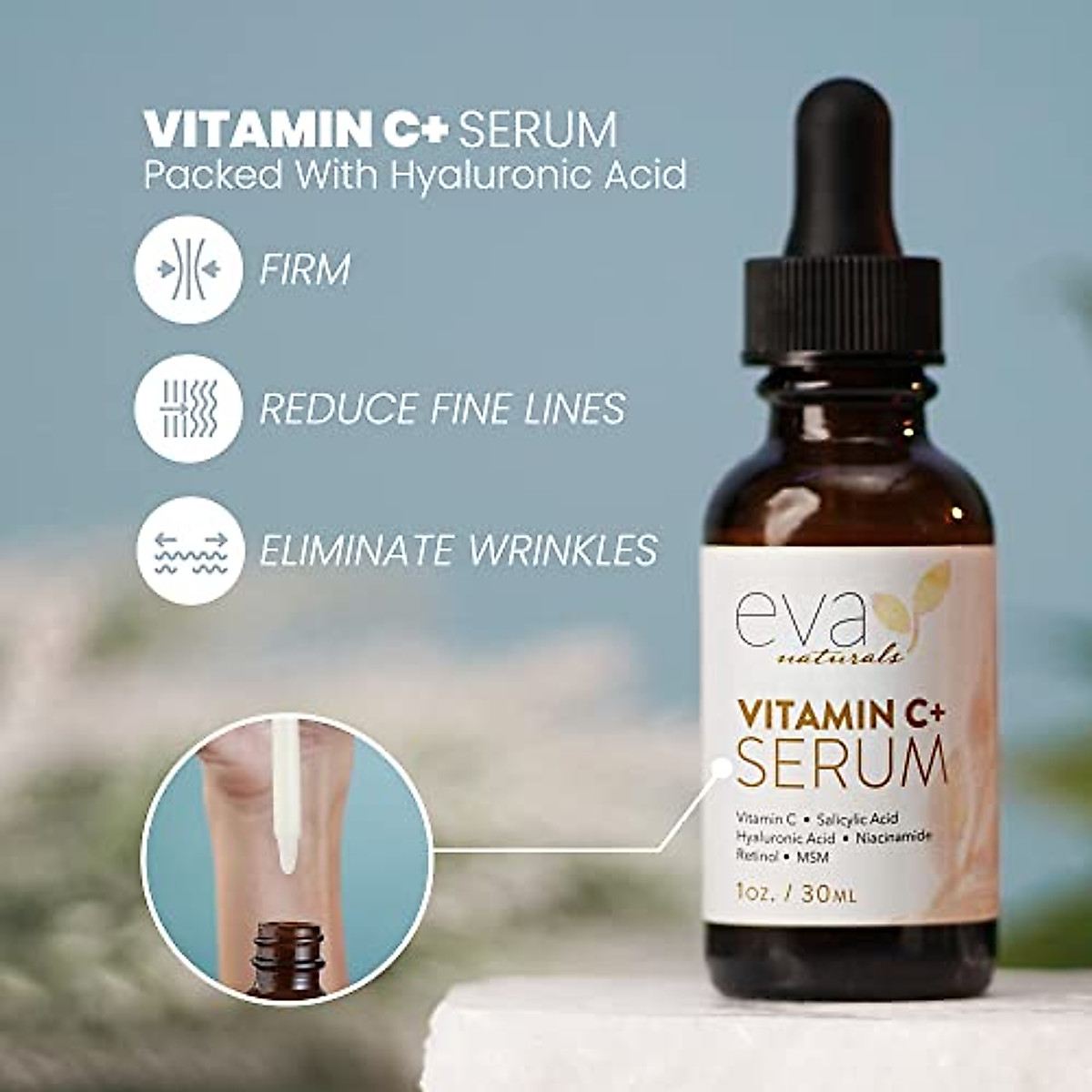Eva Naturals Vitamin C Serum for Face Plus Hyaluronic Acid, Retinol, Niacinamide & Salicylic Acid, Anti Aging Serum, Reduce Fine Lines, Wrinkles & Dark Spots, Brightening Skin Serum for Glowing Skin (1 oz)