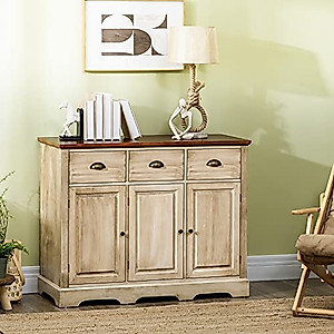 HOMCOM Sideboard Buffet Cabinet with Storage Drawers, Adjustable Shelves, Kitchen Cabinet, Coffee Bar Cabinet, Distressed Natural