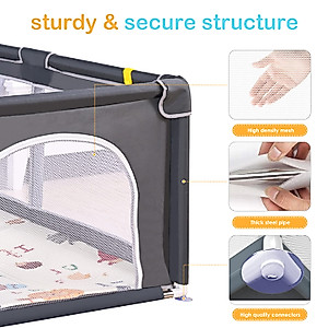 JHTOPJH Baby Playpen Set, Playpen with Collapsible Baby Play Mat, Indoor Baby Play Yard with 50pcs Pit Ball, Baby Play Pen with Soft Baby Book,Anti-Fall Playpen for Toddler(Gray)