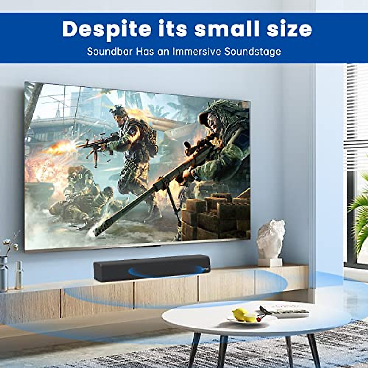 BESTISAN Sound Bars for TV, PC, Gaming, Monitor, 50 Watts Sound Bar with Bluetooth 5.0/HDMI ARC/Optical/Coaxial/AUX/USB Disk Connections, 3 Audio Modes, Bass Adjustable, 16 Inch, Wall Mountable