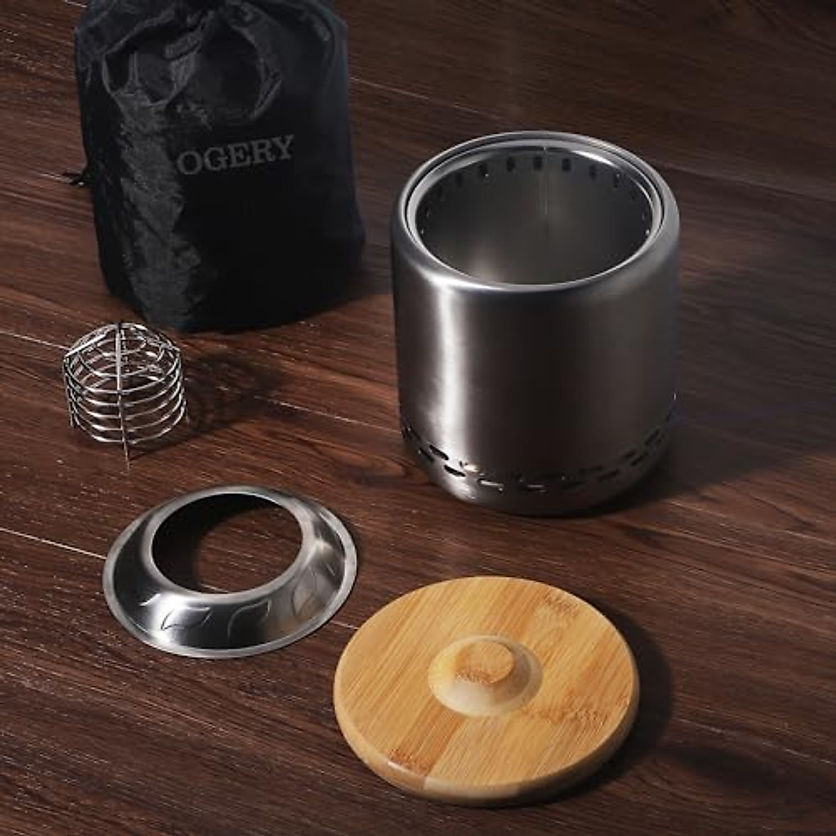 OGERY Tabletop Fire Pit with Stand 7.9 x 6.1 in, Low Smoke Stove Outdoor Table Top Firepit for Urban & Suburbs, Fueled by Pellets or Wood, Portable Mini Fire Pit with Travel Bag, Stainless Steel