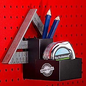 MADD Tools Peg Board Tape Measure Holder Accessory Kit - Includes Pencil Box and Carpenter Square/Triangle Holder – Black Pegboard Accessories with Heavy Duty Peg Board Hooks – 16 Gauge Steel