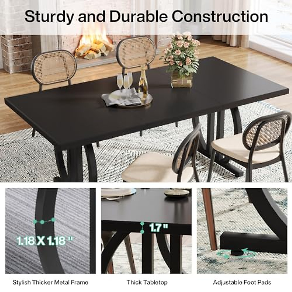 LITTLE TREE Modern Dining Table for 4-6 People, 63" Large Rectangular Kitchen Table with Geometric Legs, Unique Dinner Table Kitchen & Dining Room Furniture