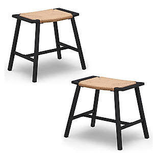 KAIRUITUCH 18 inch Stools, Dining Table Height Chairs Short Stools, Backless Kitchen Saddle Small Stool for Island, Outdoor Brown Rope Wicker Pattern Seat,Black Metal Waterproof Powder Coat, 818DLB1