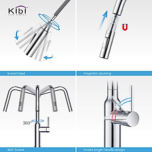 KIBI Macon Single Handle Pull Down Faucet for Kitchen Sink with Soap Dispenser | Solid Brass High Arc Faucet Spout | 360 Degree Swivel Kitchen Faucet with Pull Down Sprayer | Chrome Finish (KKF2007)