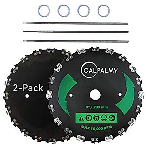 (2-Set) 9" x 20T Chainsaw Tooth Brush Blades - Weed Eater Saw Blade Kit with 2 Carbon Steel Round Chainsaw Blades, 3 Round Files, and 4 Washers for Brush Cutters, String Trimmers, and Weed Wreckers