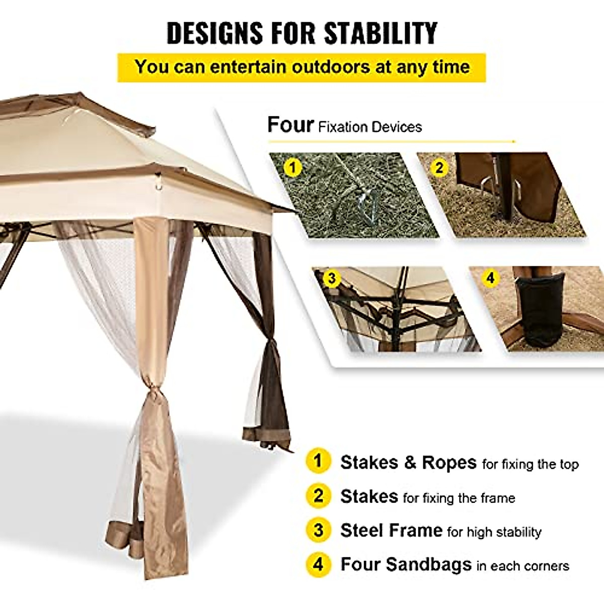 Happybuy Outdoor Canopy Gazebo Tent, Portable Canopy Shelter with 11'x11' Large Shade Space for Party, Backyard, Patio Lawn and Garden, 4 Sandbags, Carrying Bag and Netting Included, Brown