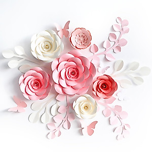Fonder Mols 3D Paper Flowers Decorations for Wall(Pearl White & Pink, Set of 18), Wedding Bridal Shower Bouquet, Centerpieces, Flower Backdrops