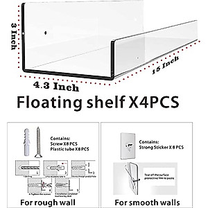 15 inch Clear Acrylic Floating Wall Ledge Shelf Display,4pcs Wall Mounted Nursery Kids Bookshelf Invisible Spice Rack, Bathroom Storage Shelves Display for Bedroom Office Toy Picture Ledge, 5MM Thick