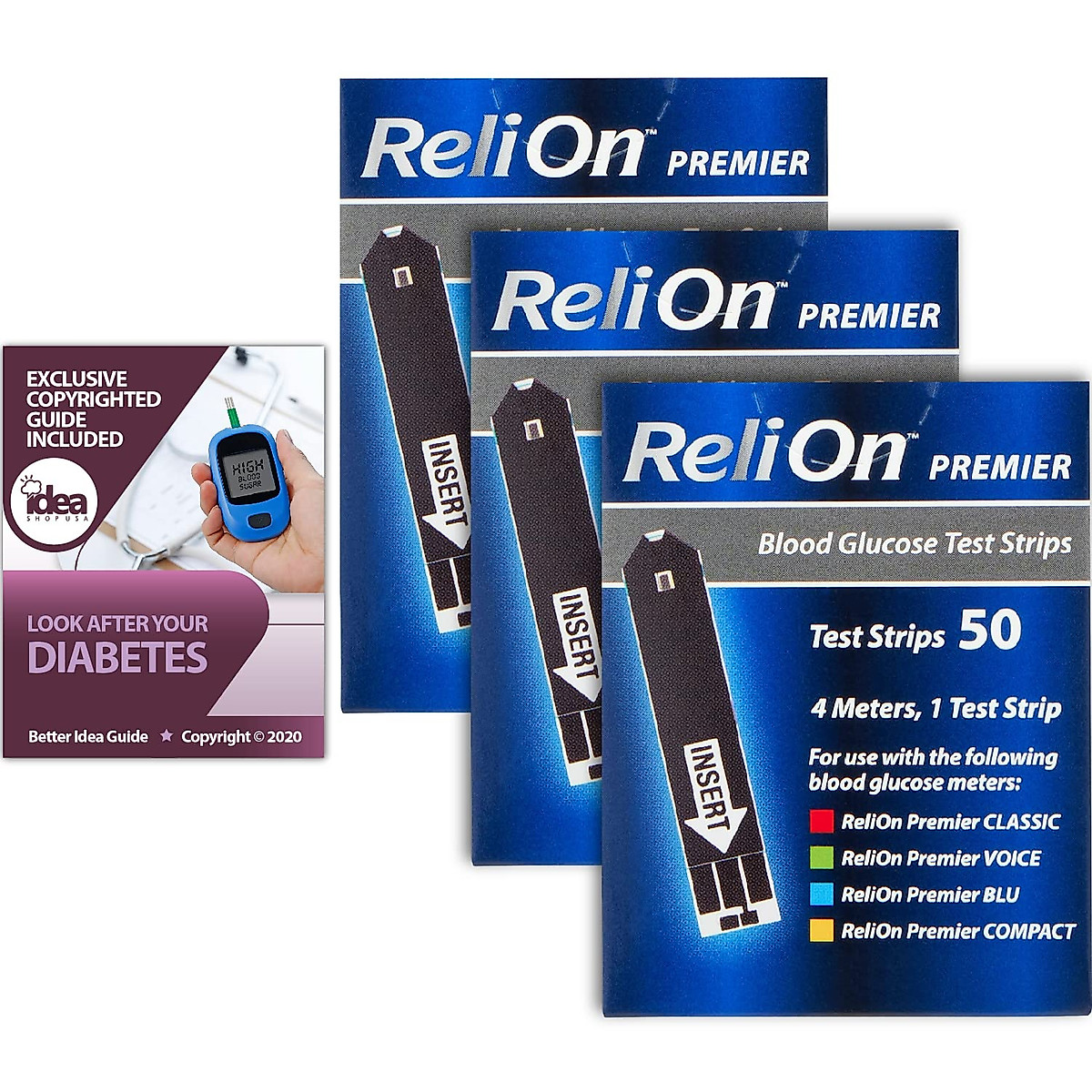 Relion Premier Blood Glucose Test Strips 50ct (3 Pack) Bundle with Exclusive "Look After Your Diabetes" - Better Idea Guide (4 Items)