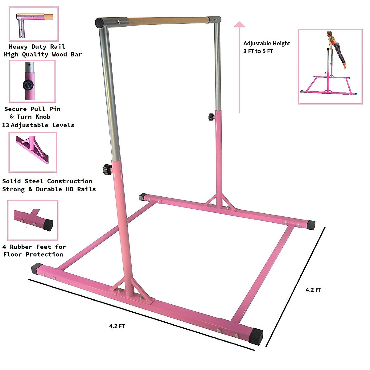 Kids Kip Bar Jungle Gym Professional Horizontal Gymnastics Asymmetric Bar Height Adjustable Expandable 3 to 5 FT Pink