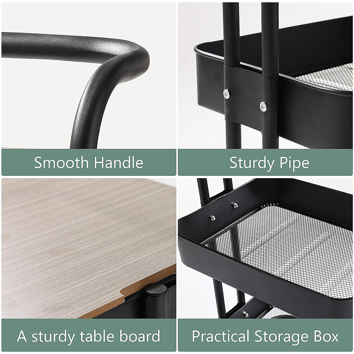 LING RONG 3-Tier Utility Rolling Metal Storage Cart,Heavy Duty Multifunction Cart with Lockable Wheels,Cover,4 Hooks 2 Storage Boxes for Kitchen Living Room Office Bathroom (U-Shaped Armrest, Black)