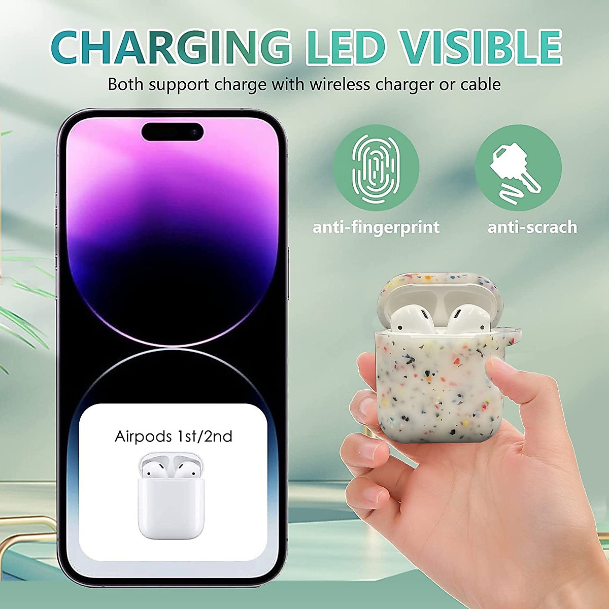 Luxury AirPod 2nd 1st Case Noctilucent Flowers Design Silicone Soft Protective Cover with Keychain Compatible with AirPods 2 & 1 Case for Women and Girls - Front LED Visible