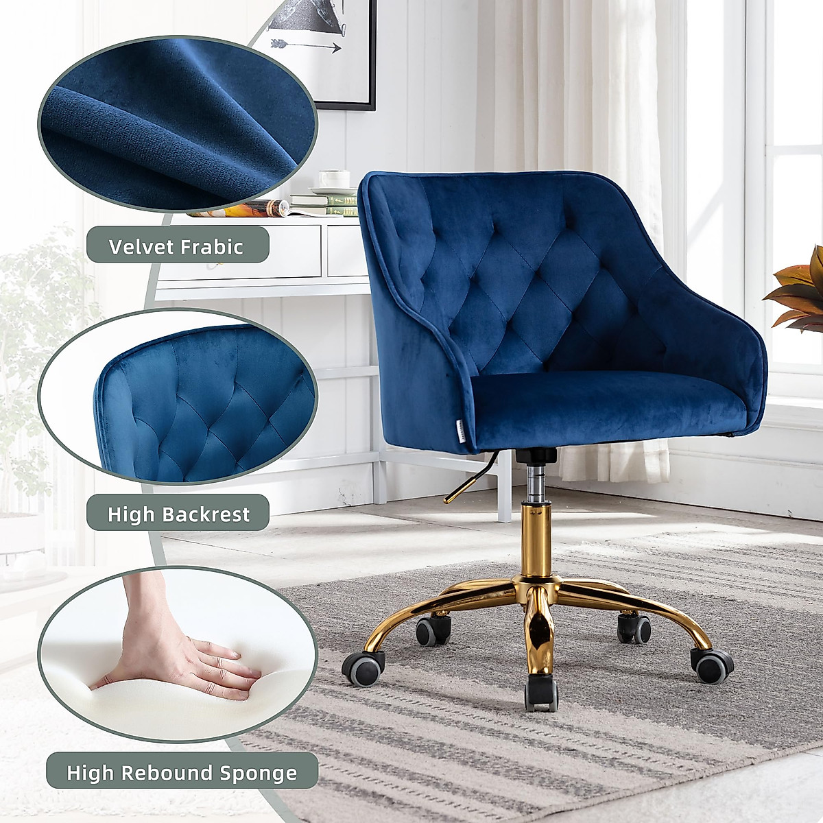 KUIKUI Velvet Desk Chair, Modern Office Chair, Wheels Swivel Height Adjustable Swivel Task Chair for Home Office,Navy Blue