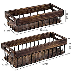 MyGift Country Rustic Burnt Wood Nesting Storage Basket with Black Metal Wire Frame, Decorative Organizer Crates Fruit Basket with Cutout Handles, Set of 2