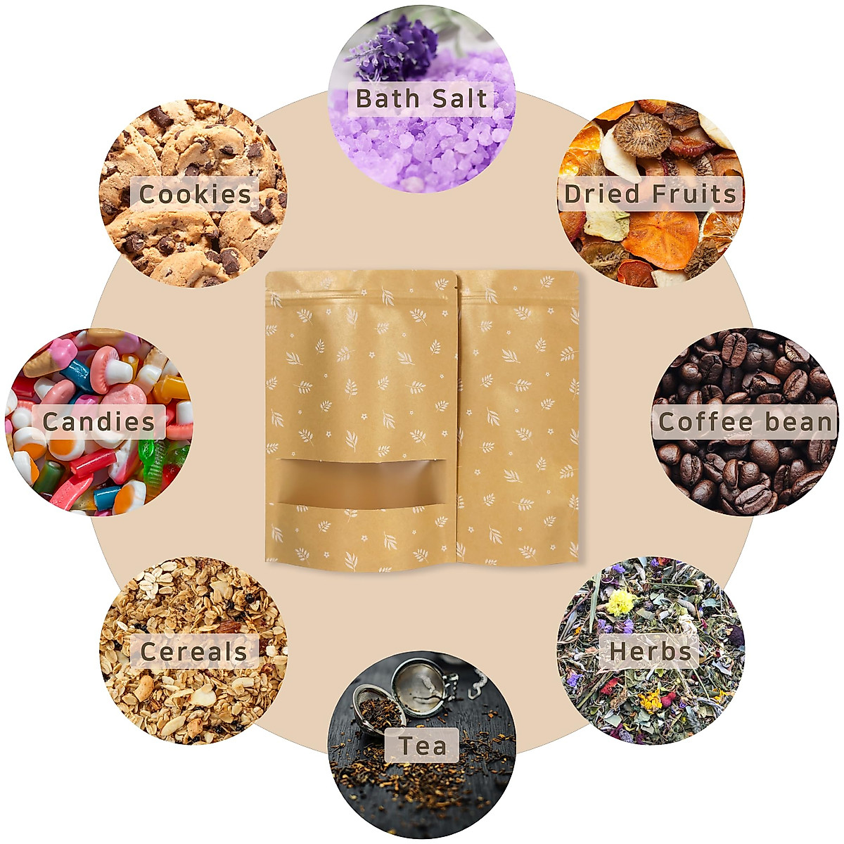 100PCS Stand Up Pouches with Window, Kraft Ziplock Pouch bags, 7"x 10.2", Reusable Stand Up Bags, Resealable & Heat Sealable Odor Free Food Storage Bag, Packaging for Small Business & Home Use [LEAF]