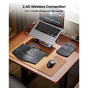 ProtoArc Ergonomic Keyboard Mouse, EKM04 2.4GHz Wireless Ergo Keyboard Mouse Combo, Separate Numeric Keypad, Split Design, Wrist Rest, Rechargeable, for Desktop, PC, Laptop, Windows