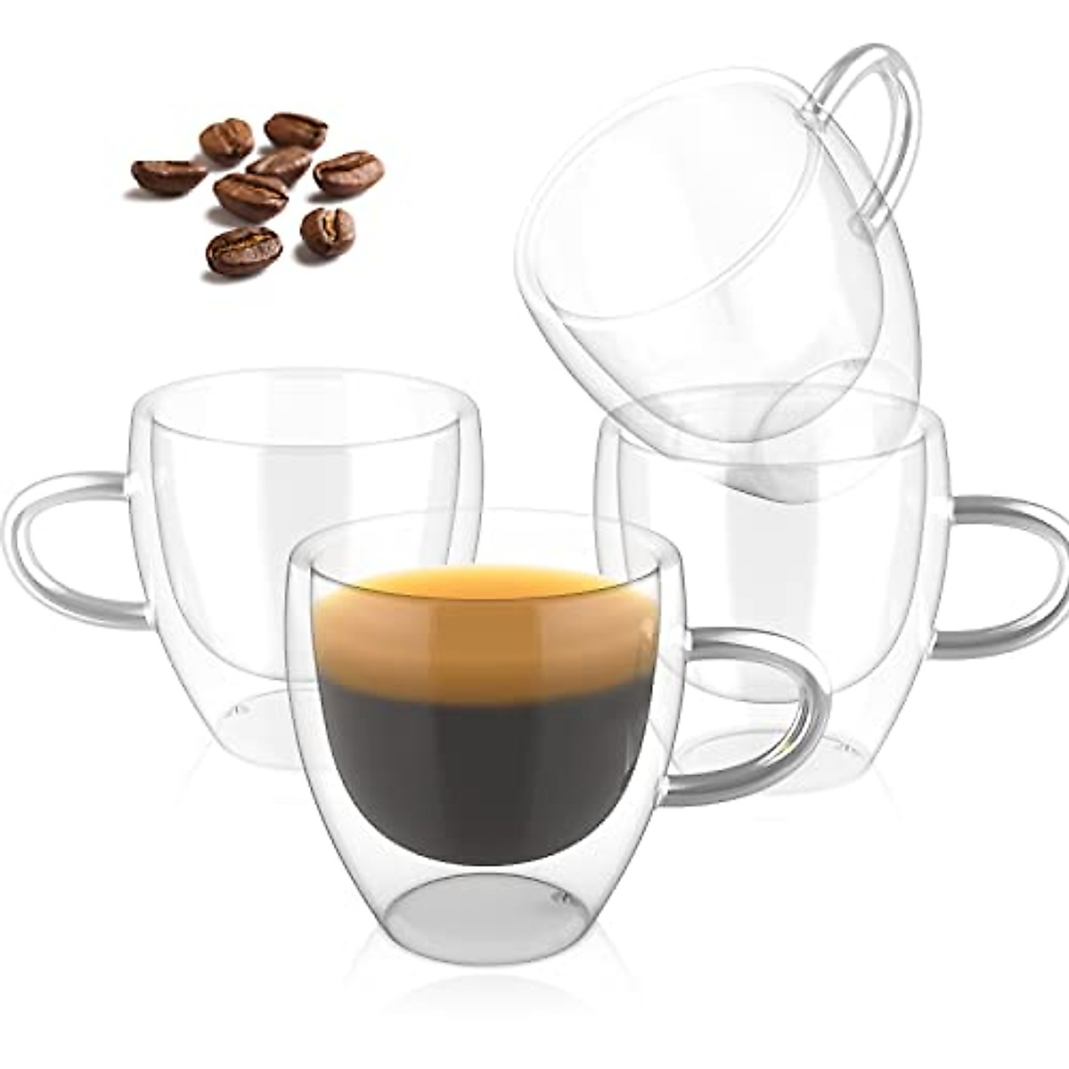 Espresso Cups 2.8 OZ Double Walled Glass Espresso Cups Set of 4 Thermo Insulated Espresso Coffee Cups with Handle Double Espresso Cups Espresso Shot Cups Father's Day Gift