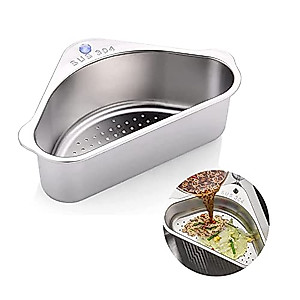 Stainless Steel Sink Strainer Basket, Triangle Sink Drainer Basket for Sink Food Strainer or Storage Rack for Kitchen, Bathroom, Soap Box Organizer With Suction Cup for Support Corner (Silver)