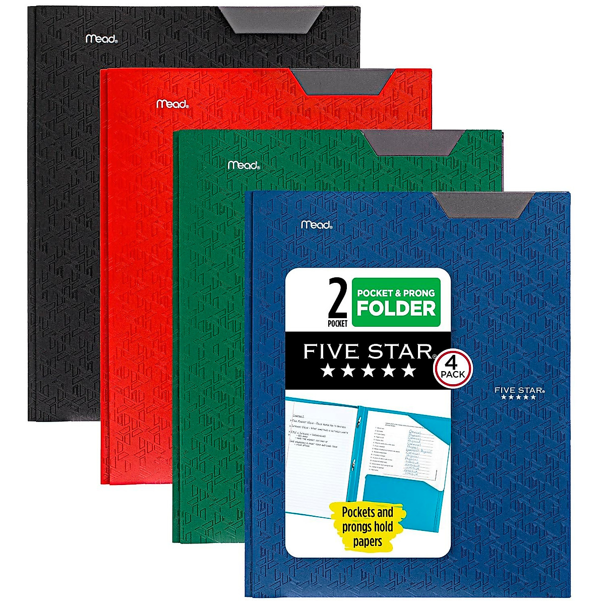 Five Star 2-Pocket Folders, 4 Pack, Plastic Folders with Stay-Put Tabs and Prong Fasteners, Includes Writable Label, Holds 11" x 8-1/2", Assorted Colors (38048), 4 count (Pack of 1