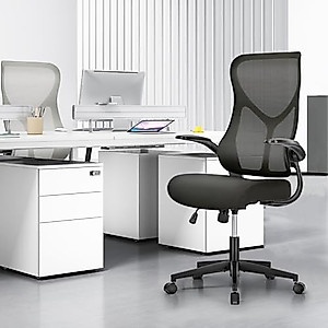 Sweetcrispy Ergonomic Office Desk Computer Chair, Comfy High Back Swivel Rolling Home Mesh Gaming Chairs with Wheels, Lumbar Support, Flip-up Arms,120°tilt for Bedroom, Study, Work, Black