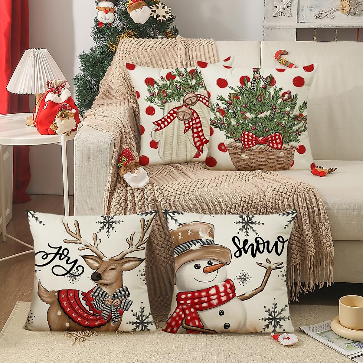 LITIVY Christmas Decor Pillow Covers Set of 4 Decorative Throw Pillowcase for Winter Xmas Holiday Home Decor for Sofa Couch (Christmas Tree Snowman Gloves Deer) (18"x18", Red)