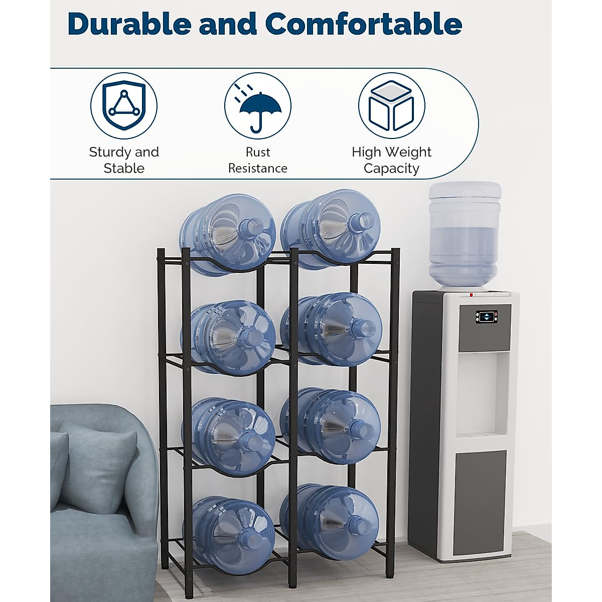 mocomax 5 Gallon Water Jug Rack, Detachable Water Bottle Holder for 8 Bottles, 4 Tier Heavy Duty Water Cooler Jug Rack, Water Bottle Organizer Storage Rack for Kitchen, Office, Living Room, Black