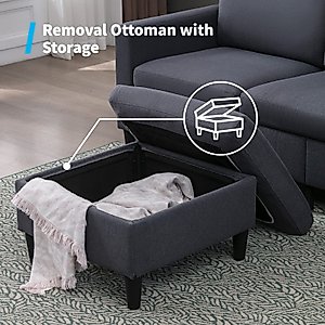 Mjkone 86" L-Shape Sectional Sofa Couch, Linen Convertible Sofa Chaise with Reversible Storage Ottoman, Large Modular Sofa with 2 Side Pockets for Living Room Apartment Studio - Dark Gray