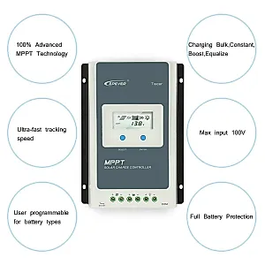 EPEVER 40A MPPT Solar Charge Controller 12V 24V Auto, 40 amp Negative Grounded Solar Charge Controller MPPT Max Input 100V, 520W/1040W for Lead-Acid, Lithium Batteries and Load Timer Setting