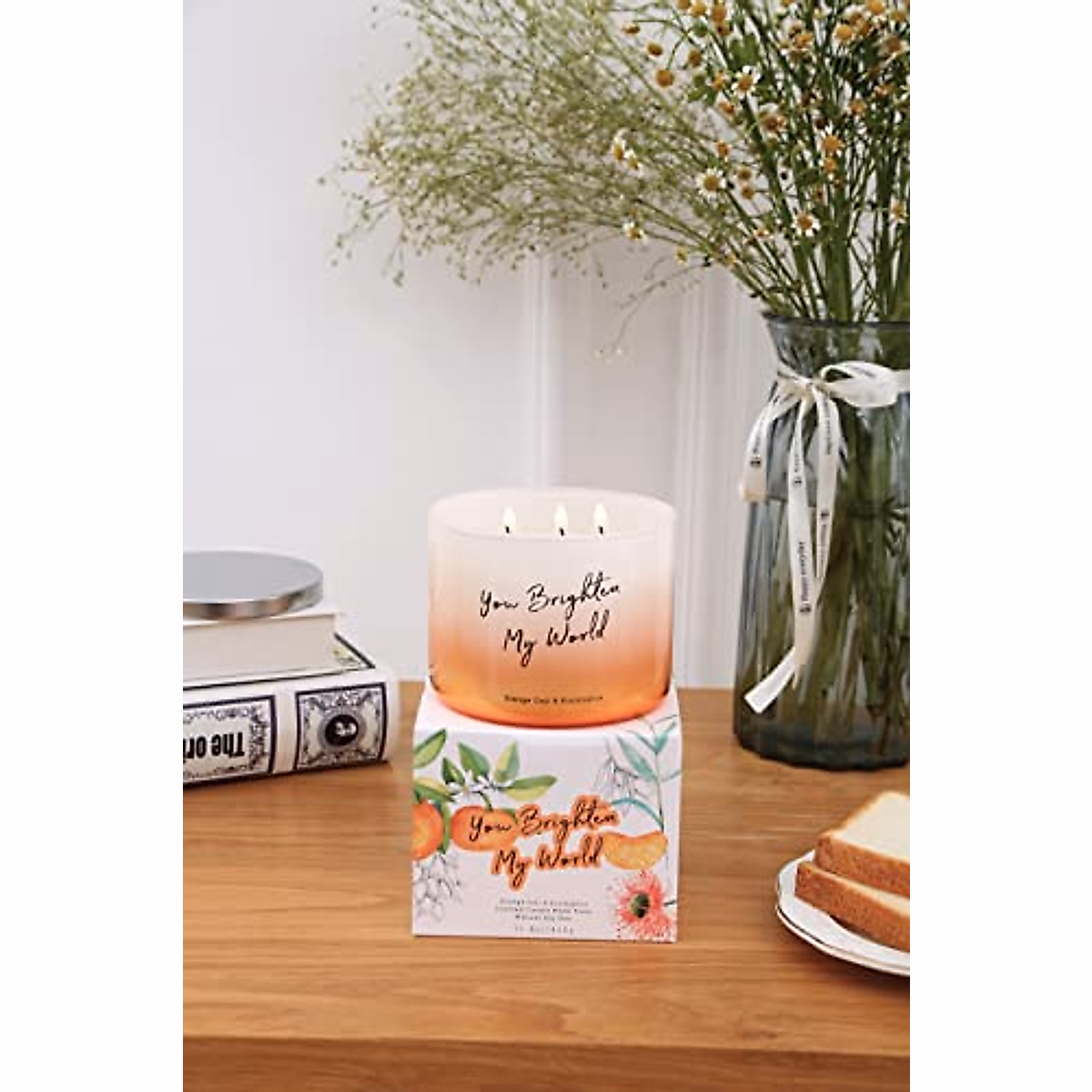 Orange Goji Eucalyptus Scented Candle 3 Wick | Aromatherapy Stress Relief Eucalyptus Energy Candle | Highly Scented Soy Candles Clean Burn 15.8 oz | You Brighten My World Candle Gifts for Men & Women