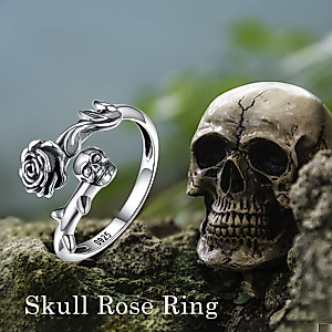 TYSO Skull Rings For Women 925 Sterling Silver Gothic Rings Open Wrap Rose Flower Goth Punk Ring