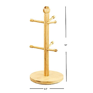 Home Basics Bamboo Mug Tree, Holds Up to 6 Coffee Cups, Free Standing, Circular Base, Kitchen Countertop, Beige (1)
