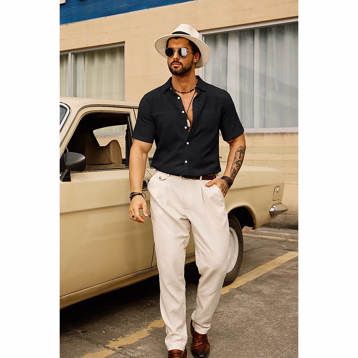 GRACE KARIN Men's Hawaiian Cotton Linen Shirts Casual Button Down Tropical Holiday Beach Shirts Black L