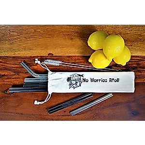 No Worries Atoll Reusable Metal Stainless Steel Straw Set of 12 Short 6” Cocktail 8.5” Smoothie and 10.5” Tumbler Drinking Straws Black and Silver Home Bar Backyard Essentials